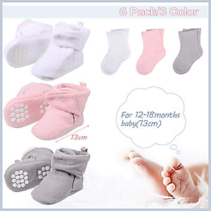 SATINIOR 3 Pairs Unisex Cozy Fleece Baby Booties with 3 Pairs Infant Cotton Socks (White, Gray, Pink,0-6 Months)