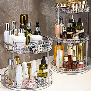 KSDSOAM 3 Tier 360 Rotating Makeup Organizer and Storage,Skincare Organizers Cosmetic Display Case Perfume Holder Rotating Tray Storage Carousel for Vanity Bathroom Organizer Countertop（Clear）