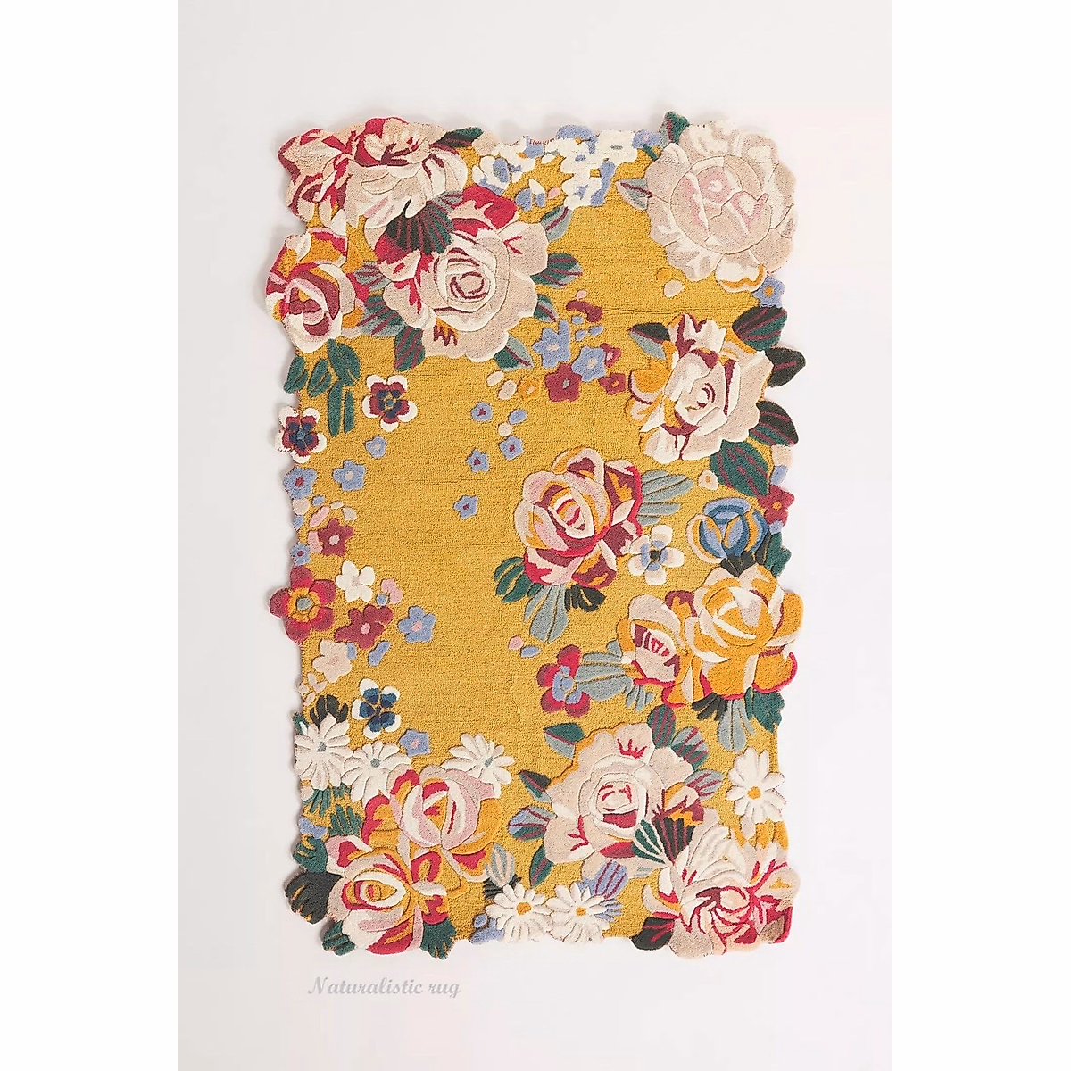 Handmade Pink and Red Yellow Roses Irregular Shape and Oval Shape Multicoloured Floral Wool Area Rug for Living Room, Dining Room and Office (Yellow, 3' x 5')