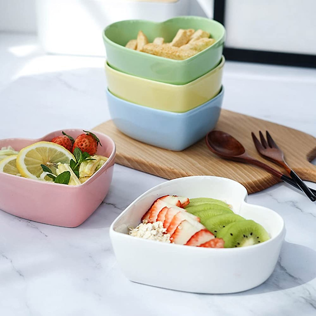 WAIT FLY 2pcs Heart-Shaped Bowls for Salad Soup Snack Dessert Household Cooking Bowls for Home Kitchen, Blue