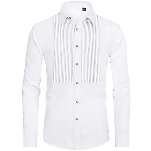J.VER Men's Tuxedo Shirt Formal Dress Shirt Pleated Long Sleeve Button Down Shirts for Prom Party Wedding Solid White