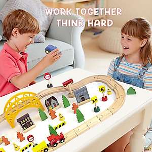 60Pcs Train Set for 3 Year Old Boys, Double-Side Wooden Train Set Tracks for Toddlers, Fits Brio, Thomas, Melissa and Doug, Kids Wood Train Toys for 3 4 5 Year Old Boys and Girls (Yellow)