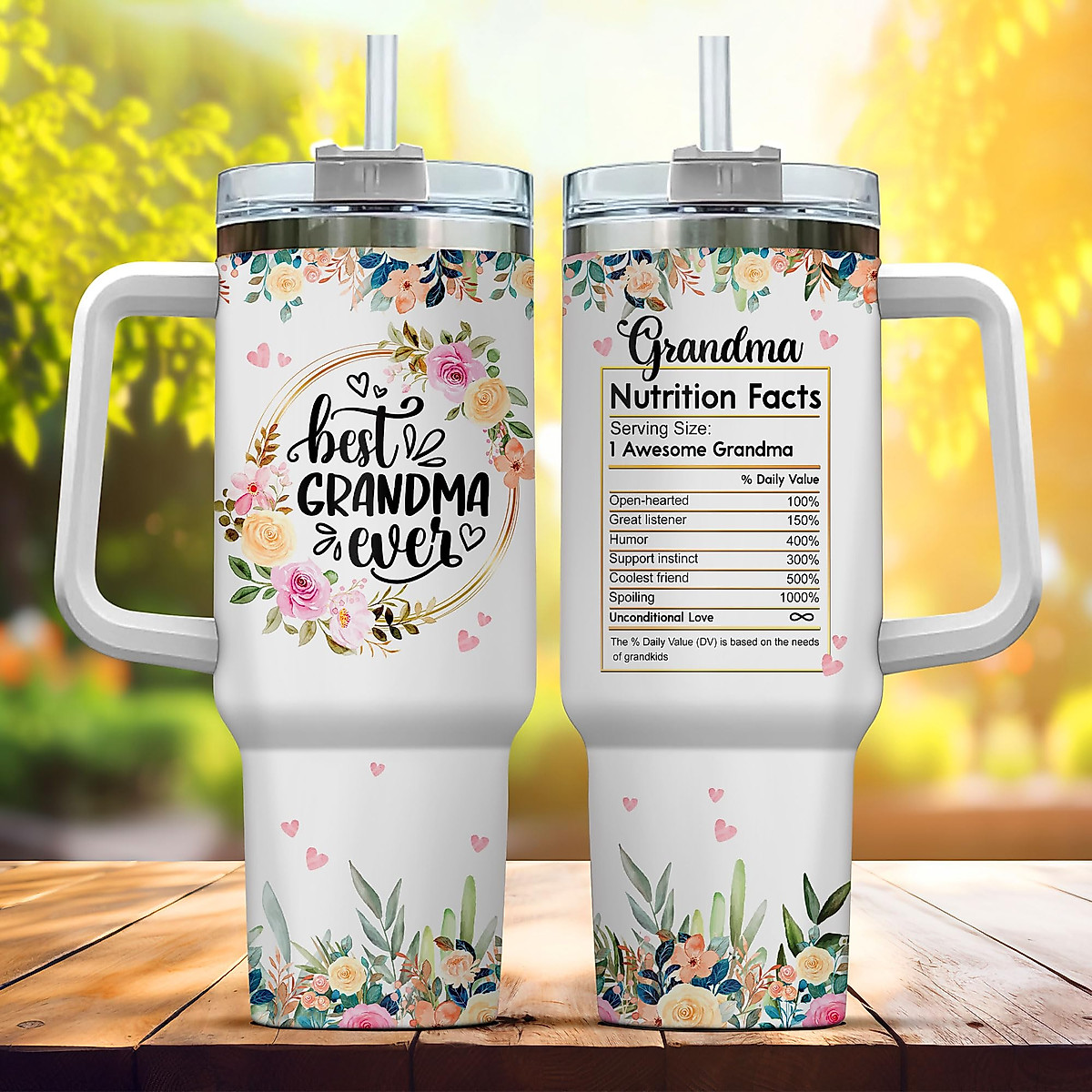 99WHALE Grandma Gifts, Grandma Watercolor Floral Nutrition Facts, Tumbler 40 Oz With Handle Lid And Straw, Handle Grandmas Cup For Great Heart Sippy Flower Best Ever Coffee Cups Nana