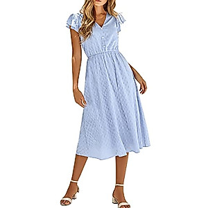 Sun Dress, Long Sleeve Tight Dress Spring Dresses for Women Casual Summer Dress Women's Solid Color V-Neck Ruffle Waist-Skimming Dress A Wedding Women's Maxi Dresses T Shirt Dress (L, Blue)