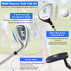 GYMAX Complete Golf Club Set for Kids/Children Right Hand, Includes #3 Fairway Wood &amp; #7 &amp; #9 Irons, Putter, Foamed Head Cover, Portable Youth Golf Club Set (for Age 11-13, Blue)