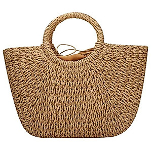 Hand-woven Straw Large Hobo Bag for Women Round Handle Ring Toto Retro Summer Beach (Brown)