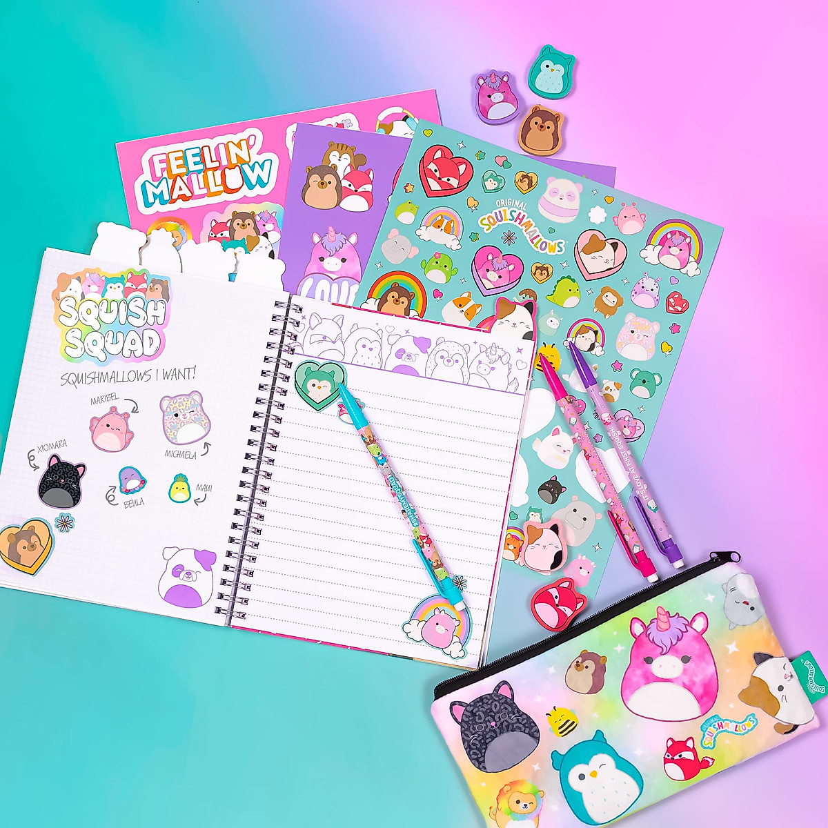 Fashion Angels Squishmallows Journal Gift Set - Includes Journal, Pencil Pouch, Squishmallows Stickers, Erasers, and 3 Mechanical Pencils - Join The Squish Squad - Cute Stationery Set - Ages 6 and Up