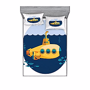 Ambesonne Yellow Submarine Fitted Sheet & Pillow Sham Set, Nautical Theme Submarine with Bubbles Fish Underwater and Waves Sky, Decorative Printed 6 Piece Bedding Decor, Calking, Multicolor