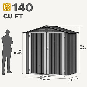 DWVO 5.6x3.2ft Metal Outdoor Storage Shed, Waterproof Tool Shed Heavy-Duty Storage Unit with Lockable Door and Vents, Ideal for Bicycles, Tools, Lawnmowers, Backyards, Patios, Lawns - Dark Gray