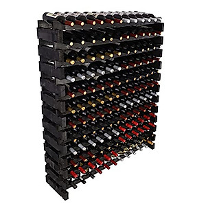 DisplayGifts Pine Wooden Wine Holder Stackable Modular Display Shelves Wine Rack Storage Stand Thick Wood Black 12 X 12 Rows 144 Slots