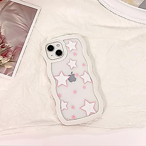 NITITOP Compatible for iPhone 13/ iPhone 14 Case Cute Pink Stars Curly Wave Frame Shape Shockproof Soft TPU 2 in 1 Phone Cover for Women Girl-White Pink Star