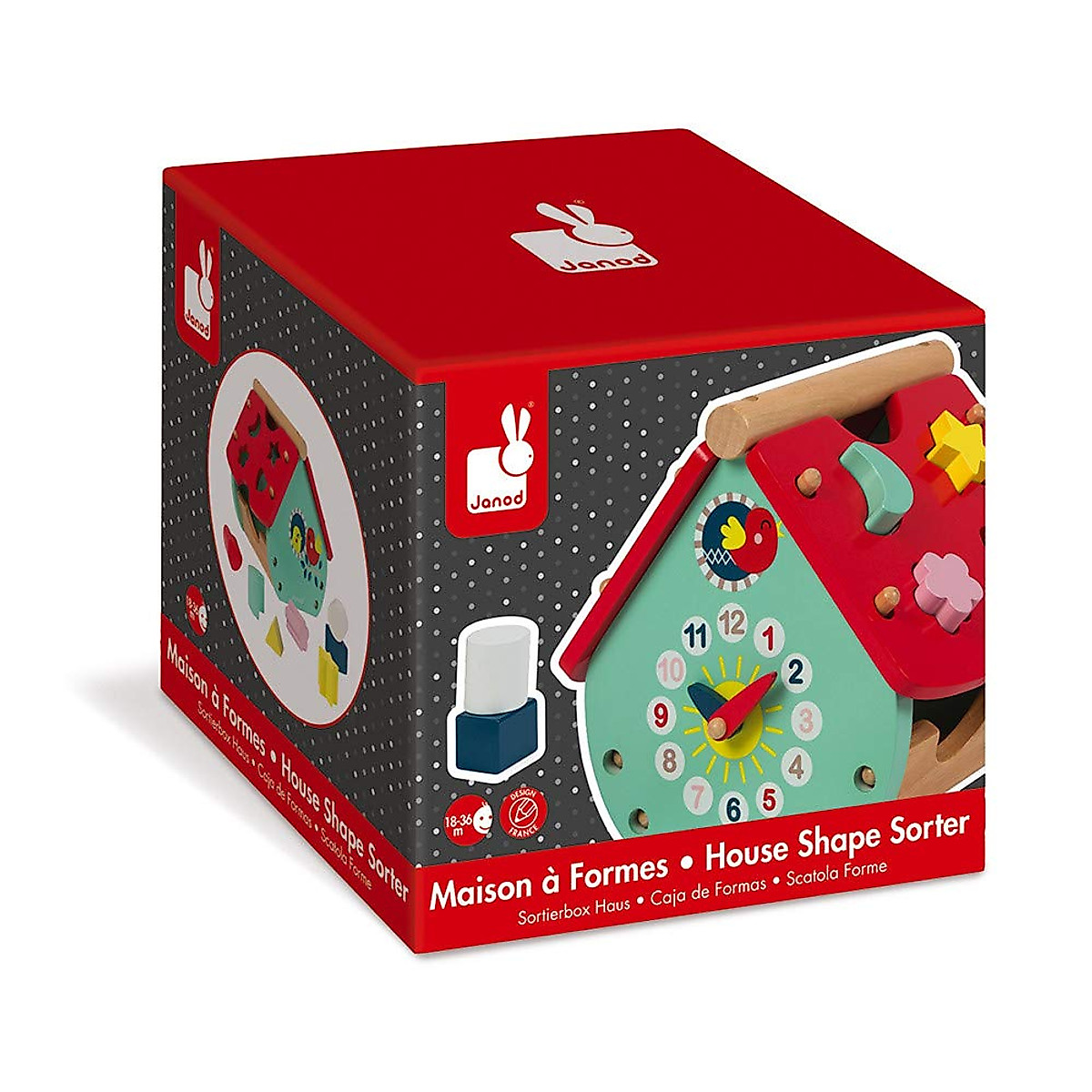 Janod Baby Forest House 2-in-1 Shape Sorter and Tell Time Clock - Ages 18 Months+ - J08008