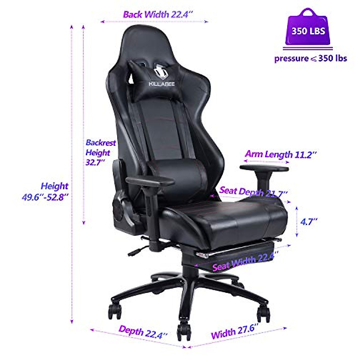 KILLABEE Big and Tall 350lb Massage Gaming Chair Metal Base - Adjustable Massage Lumbar Cushion, Retractable Footrest High Back Ergonomic Leather Racing Computer Desk Executive Office Chair