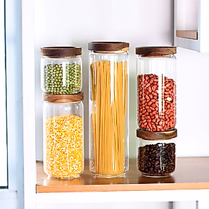 Glass Canisters Set of 5 for the kitchen, Glass Storage Container jars with Airtight Acacia Lid for Coffee Beans, Flour, Sugar, Rice and Spaghetti and etc