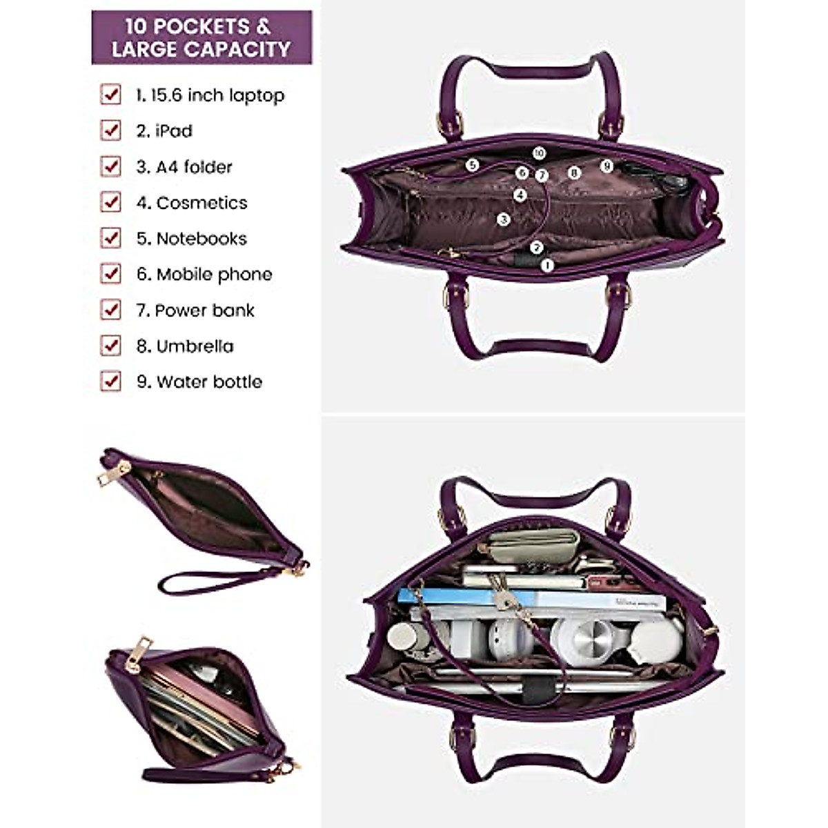 LOVEVOOK 15.6 Inch Laptop Bag for women, Large Waterproof PU Leather Work Briefcase with USB Charging Port Casual Computer Shoulder Bag Messenger, Fashion Business Office Tote Handbag Purse, Purple