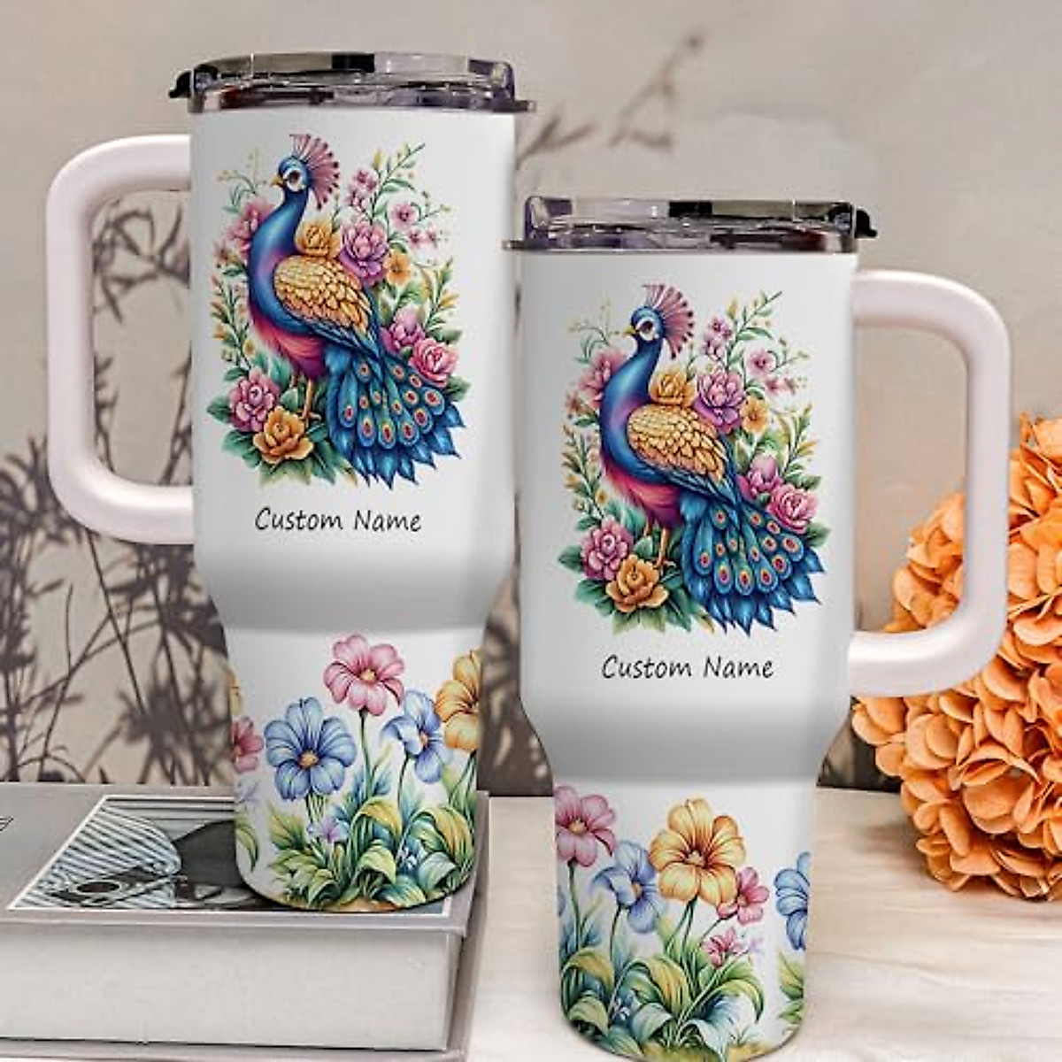 40oz Custom Peafowl Lover Tumbler – Personalized Stainless Steel Mug with Handle and Straw – Cute Bird Gift for Girls Women on Christmas or Birthday Celebration 9Xm2RR