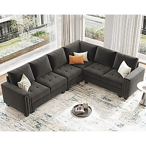 Belffin Grey Velvet L-Shape Sectional Sofa with Reversible Chaise, 107.8'L x 84.2'W x 35.8'H, Modular, Modern, Sofa Couch for Living Room, 5 Seater, Easy Assembly