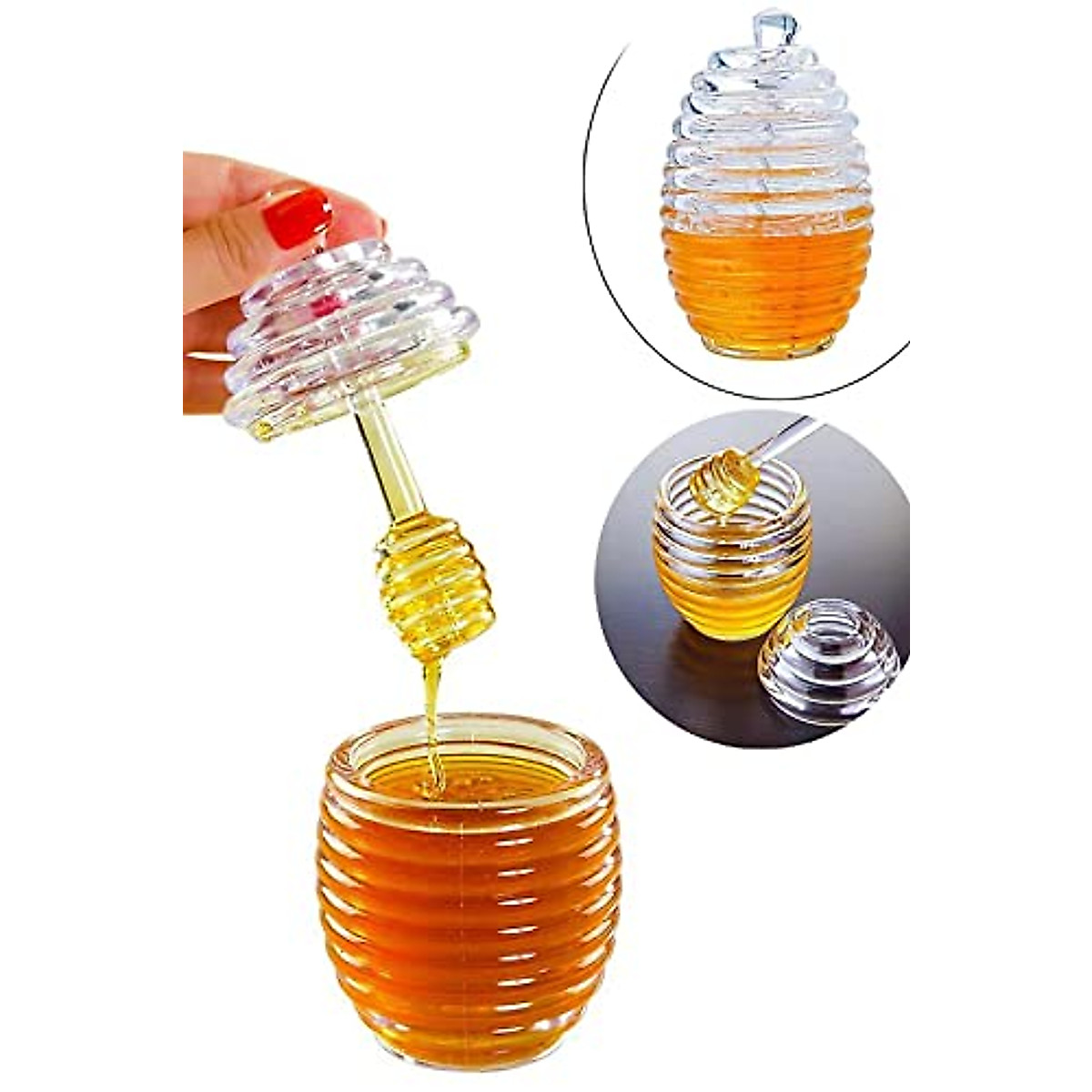 Touchstone Honey Jars with Dipper for Kitchen, Unbreakable Food Grade Acrylic Material, Honey Pot With Spoon, Tarro De Miel Con Cuchara. Honey holder, (3.5" x 5.6") (10 fl oz)