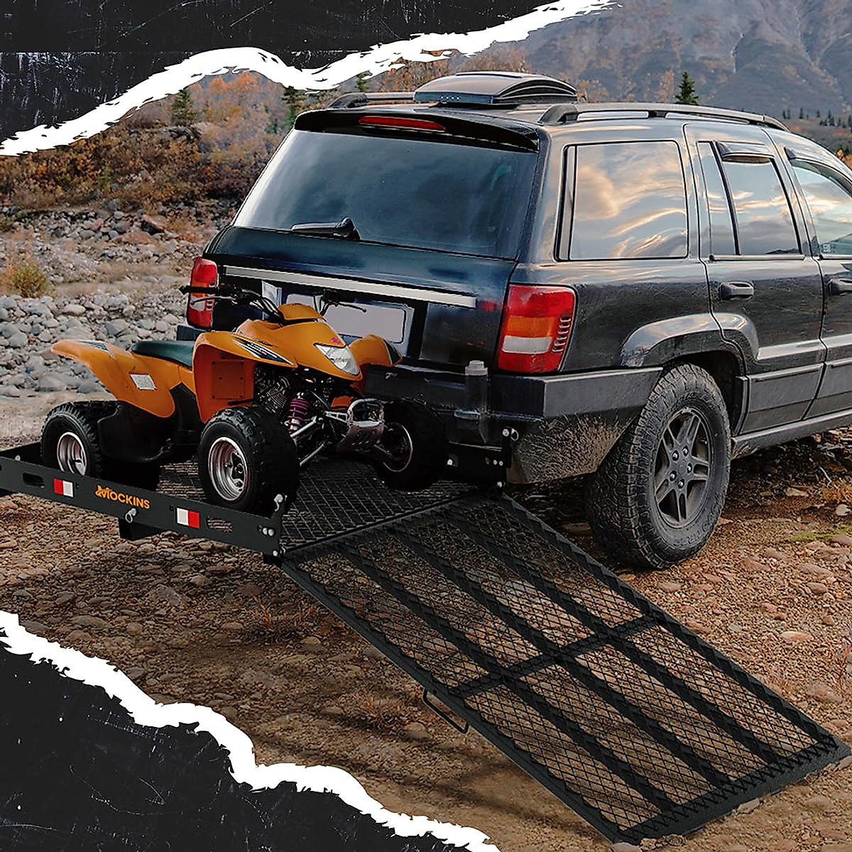 Mockins 500lb Cap. Folding Trailer Hitch Cargo Carrier Rack with Ramp |48"Lx28.5"Wx4.5"H Wheelchair Rack for Car |Heavy Duty Steel Mobility Scooter Carrier with Ramp | Wheelchair Carrier for Car Hitch