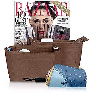 HyFanStr Felt Insert Bag Organizer with Zipper, Small Handbag Purse Organizer Tote Liner Pouch for Women, 2 Pcs Set Coffee