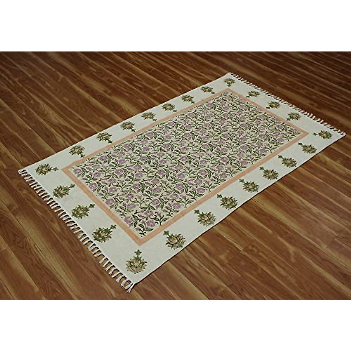 Casavani Hand Block Printed Cotton Dhurrie Floral Green & Pink Tassel Rug Easy Care Washable Rugs for Doormat Entryway Living Room Bedroom Hallway Balcony 9x9 Feet Square