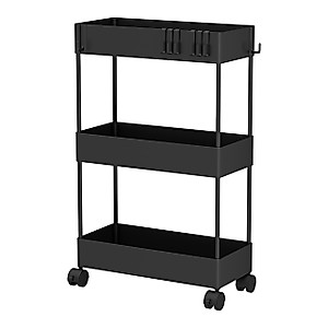 CAXXA 3 Tier Slim Mobile Utility Cart Rolling Cart,Plastic Basket Storage Organizer, for Kitchen Laundry Bathroom Living Room Narrow Place Slide Out Storage Cart with Casters (Black, 15.75Lx7W)