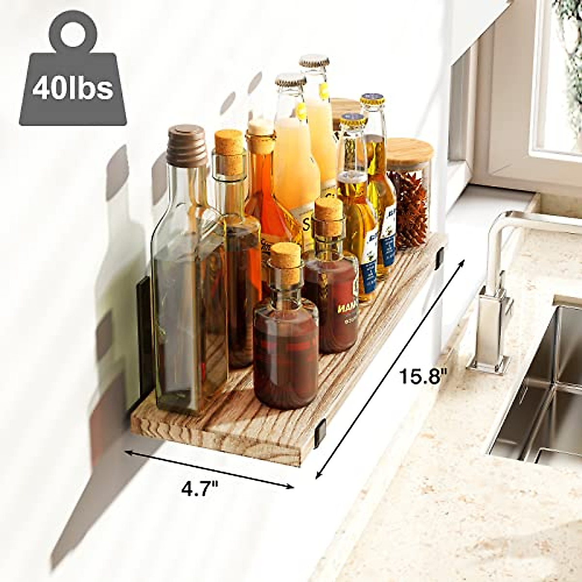 Fixwal Floating Shelves Set of 5, Width 4.7 Inches Wall Shelves, Rustic Wood Wall Storage Shelves for Bedroom, Living Room, Kitchen, Bathroom, Home Decor, Office and Plants (Carbonized Black)