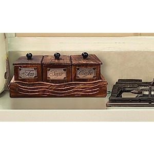 Wooden Handcrafted Tea Sugar Coffee 3 Canister Set with holder for Food Storage, Rustic Vintabe Farmhouse Country Home Décor - 10.5 x4 x4 Inches - Burnt