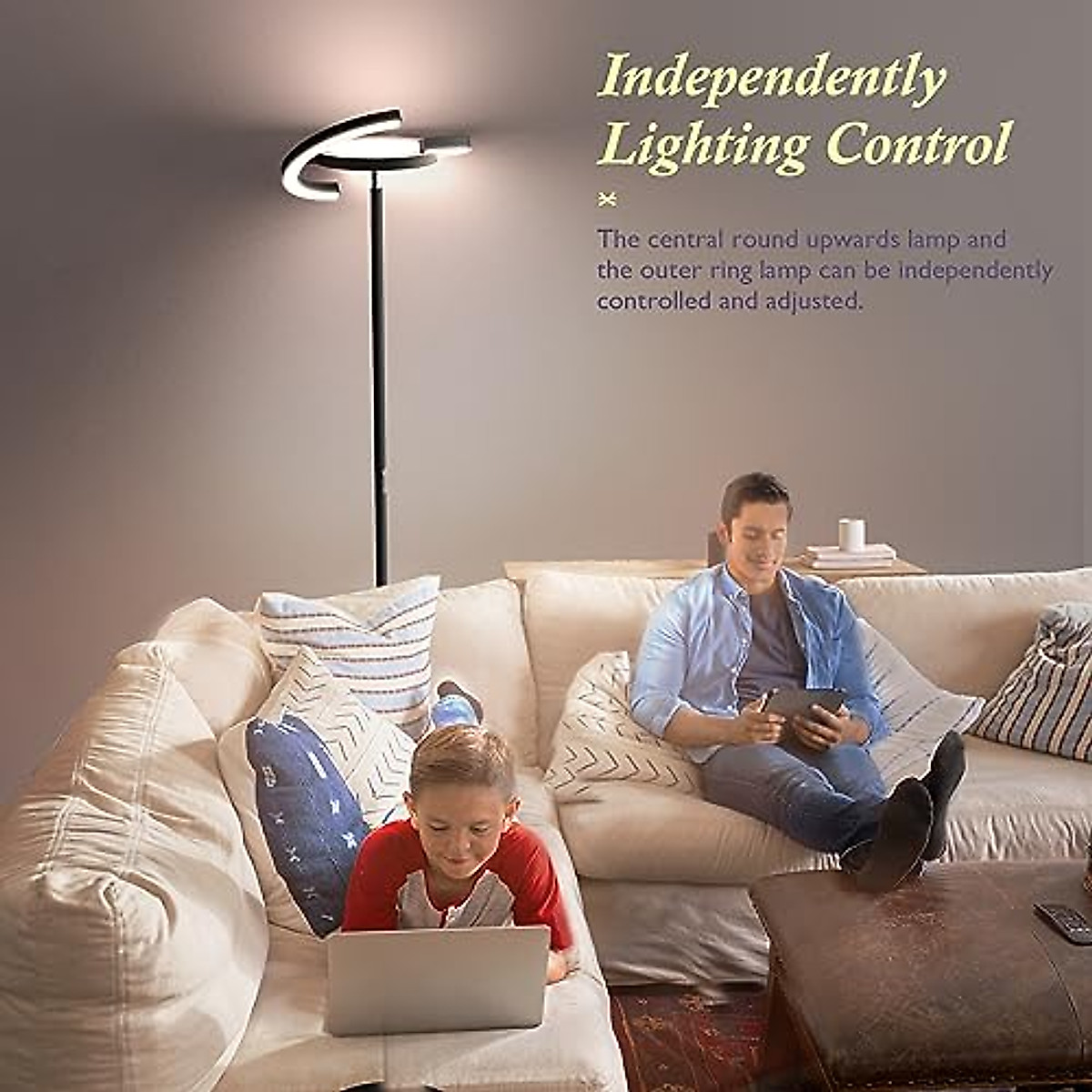 FIMEI Floor Lamp, Modern Bright Standing Lamp with Split Rotatable Outer Ring Light, 3 Color Temperature and Stepless Dimming, Remote/Touch Independent Control for Living Room Bed Room Office, Black