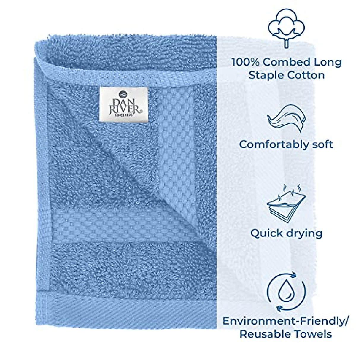 DAN RIVER 100% Cotton Face Towels 12 Pack - Premium Quality Washcloths Soft and Highly Absorbent Towels for Bathroom, Spa, Gym - Quick Dry Essential for Body and Daily Use 12x12 in, 600 GSM – M Blue