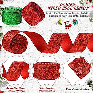 Juinte 2 Roll 20 Yards Christmas Wired Ribbon Glitter Christmas Tree Ribbon Thick Metallic Ribbon Gift Wrapping Tree Decor for Wreath Garland Party DIY Crafts Decorations(1.5 Inch,Red, Green)