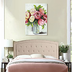 Yuegit Flower Pictures for Living Room Wall Decoration, Pink Floral Canvas Paintings Wall Art Green Plant Botanical Wall Art Framed for Bedroom Wall Decor Ready to Hang 24X36 Inch