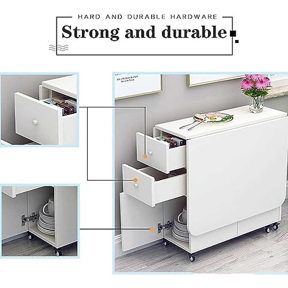 BytugI Drop Leaf Table, Movable Folding Dining Table, Multifunctional Extendable Kitchen Table, Round Edge, Storage with Drawer, for Dining Room, Kitchen (Black)(Color:Logs)