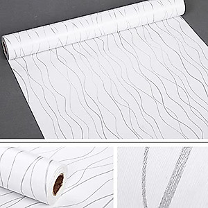 236.2"x17.7" White Peel and Stick Wallpaper Silver Modern Embossed Stripe Contact Paper Self Adhesive Removable Wave Wallpaper Perfectly Covers The Surface Not See Through Wall Covering Film1 …