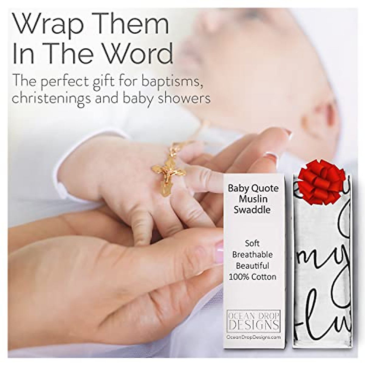 Ocean Drop 100% Cotton Muslin Swaddle Baby Blanket – ‘Godchild’ Quote with Gift Box for Baptism, Christening Gift, Godson, Goddaughter, Neutral, Baby Shower – Super Soft, Breathable, Large 47x47”