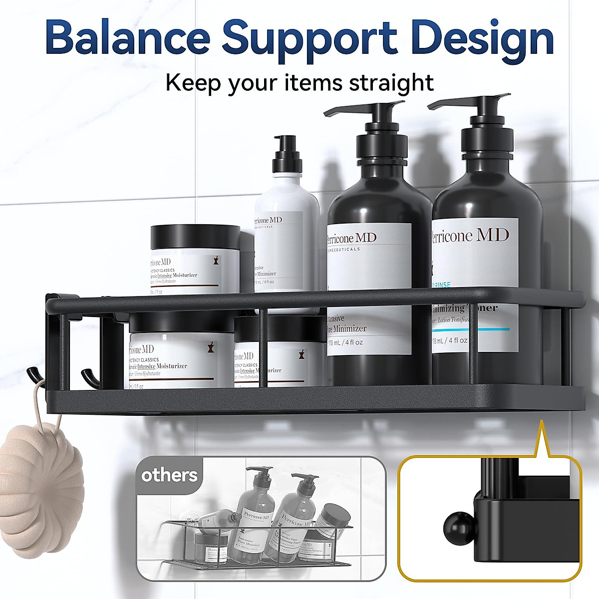 YASONIC Shower Caddy Adhesive, No Drill Bathroom Shower Organizers, with Removable Hooks, Rust Proof Shower Shelves, Wall-Mounted Shower Holder, Black, 2 Pack