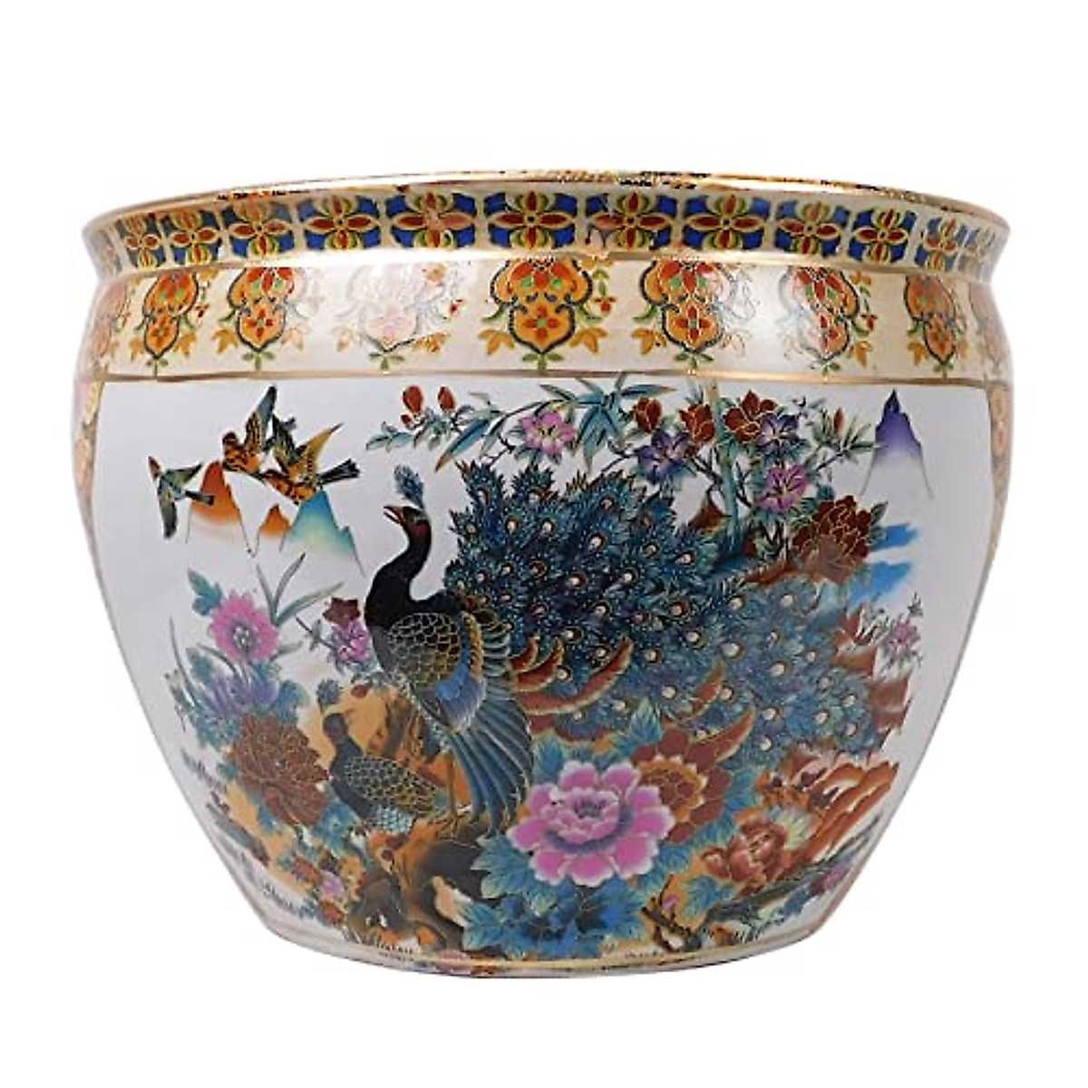 Oriental Furnishings Japanese Satsuma Peacock Vase (10" W x 7.75" H | Base 6.25")