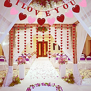 Valentine's Day Banner Decor, Red Pink Glitter Heart Garland Ribbon Hanging Decoration for Anniversary, Wedding, Birthday Party Ornaments, 28pcs with 29.5 ft Rope