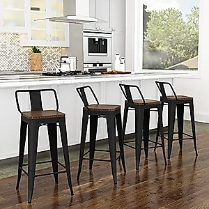 Yongchuang 24" Metal Barstools Set of 4 Counter Bar Stools with Wood Top Low Back Matte Black