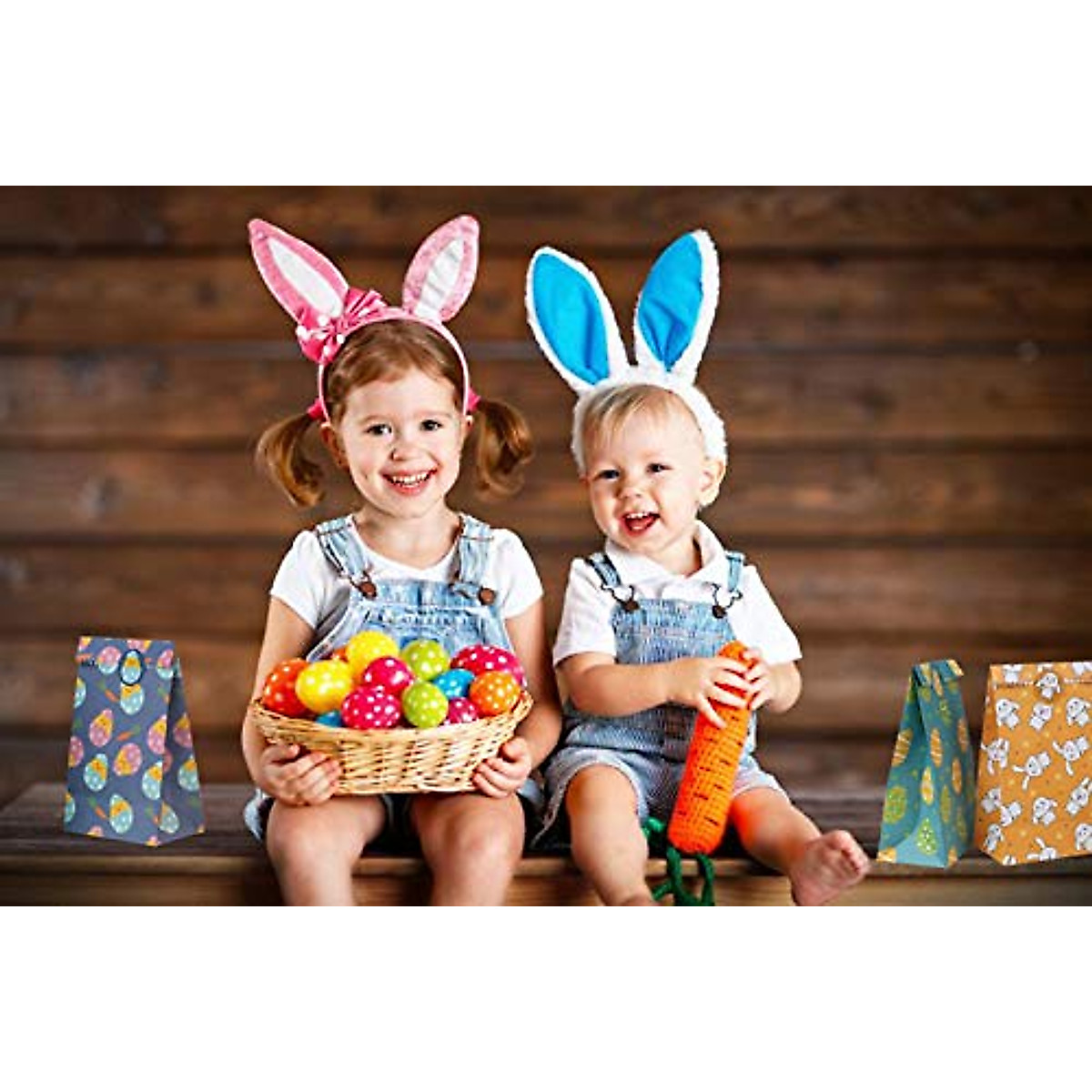 VEYLIN 24Pcs Easter Goodie Paper Bags, Flat Bottom Candy Bags with 32Pieces Circle Sticker for Easter Party Supplies