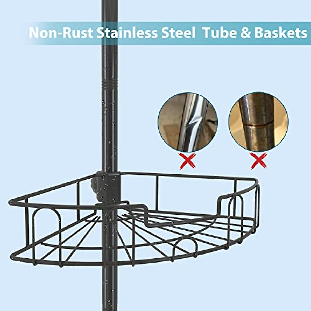 Tension Shower Caddy , Stainless Steel Corner Shower Caddy with Pole Storage Organizer with Rustproof Tension Pole for Bathroom Bathtub Shampoo Soap Plants, 4 Tier Adjustable Shelves, 54 to 125 Inch