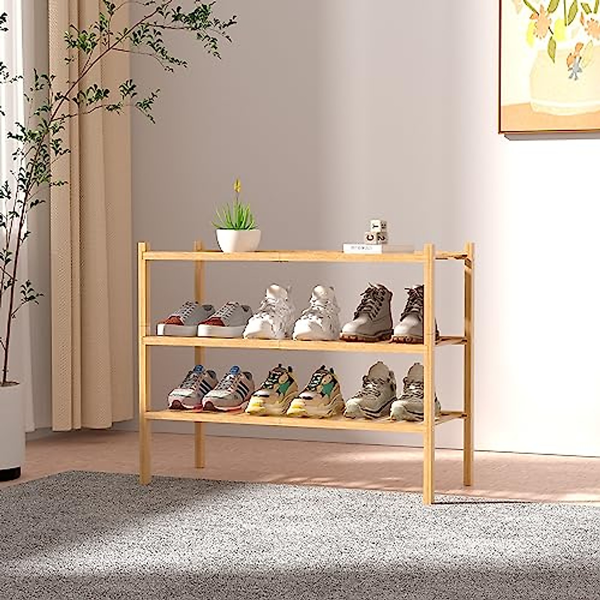 ROMGUAR CRAFT 3 Tier Bamboo Shoe Rack for Closet Free Standing Wood Shoe Shelf for Entryway Small Space Stackable 27"x11"x20" (Natural)
