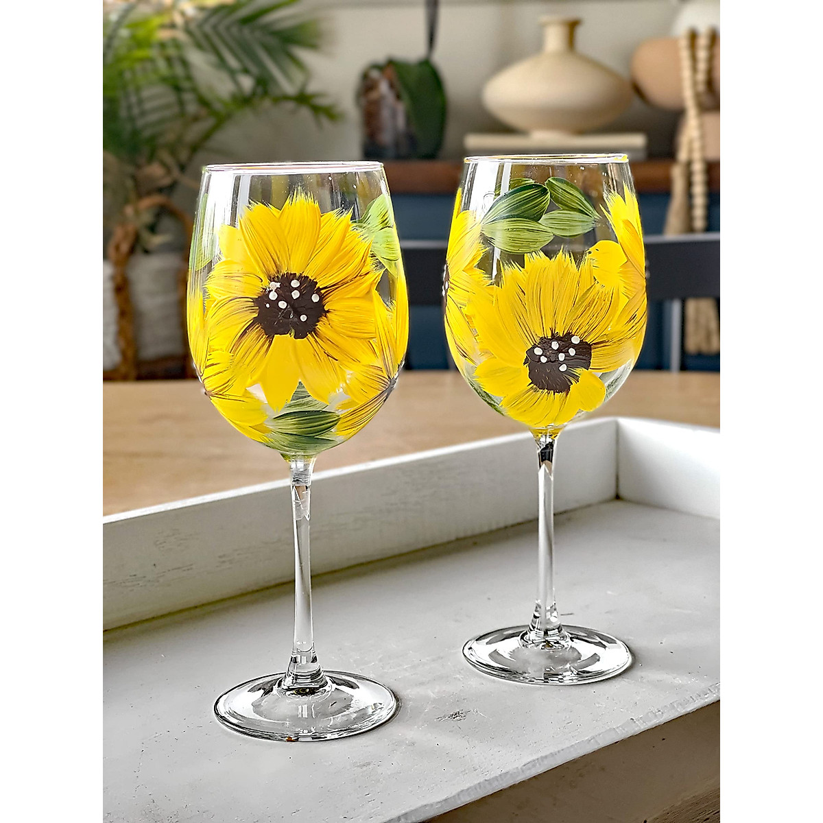 Hand Painted Sunflower Wine Glasses, 12 Ounce Stemmed Set of 2, Perfect Gift for Mom, Wine Lovers, Mothers Day, Birthday, Easter, and Christmas, Yellow and Green design, Artisian Brushes with a View