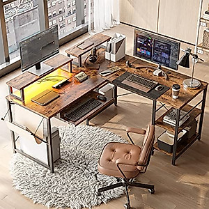 Bestier L Shaped Gaming Desk with Led Light 95.2 Inch Computer Corner Desk or 2 Person Long Table with Shelves Monitor Stand and Keyboard Tray for Home Office, Rustic Brown