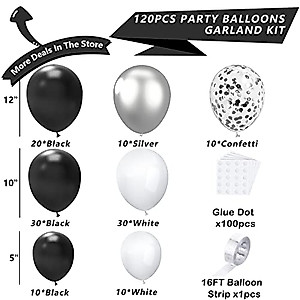 NISOCY Black Silver White Confetti Balloons Arch Kit, 120 PCS 12in 10in 5in Latex Balloons Garland Arches Kit for Birthday, Wedding, Anniversary, Celebrations Party Decoration
