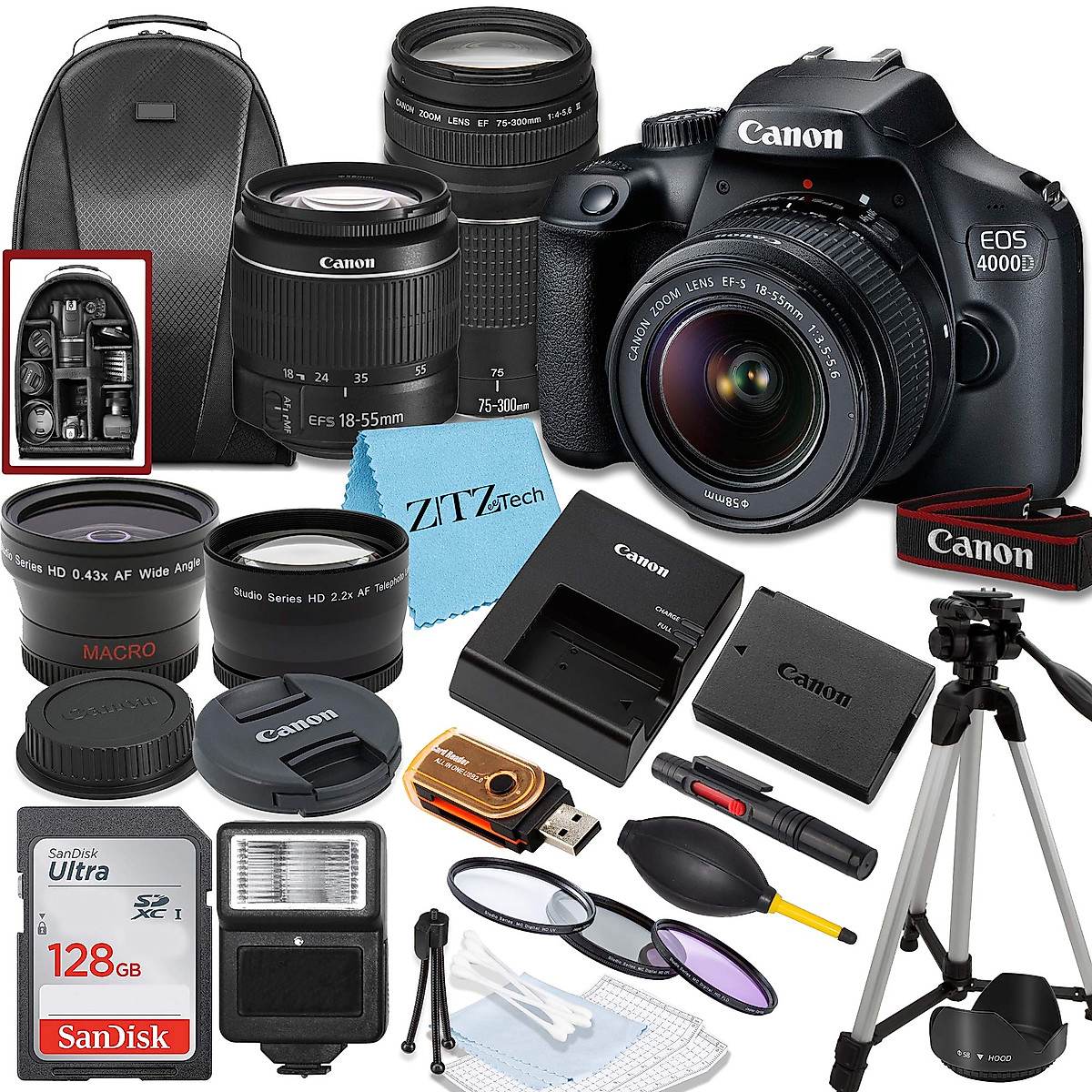 Canon EOS T100/4000D DSLR Camera with EF-S 18-55mm Lens, SanDisk Memory Card, Tripod, Flash, Backpack + ZeeTech Accessory Bundle (Canon 18-55mm + 75-300mm, SanDisk 128GB) (Renewed)