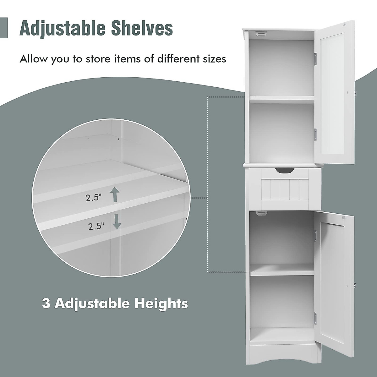 Tangkula 67" Tall Bathroom Storage Cabinet, Slim Freestanding Tower w/ 2 Doors & 1 Drawer, Narrow Floor Cabinet w/Adjustable Shelves & Tempered Glass Door for Bathroom Living Room (White)