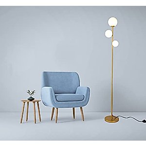 3 Globe Mid Century Modern Floor Lamp for Living Room, Contemporary Gold Floor Lamp with Frosted Glass Shade and Bulbs Included, LED Standing Tall Pole Lamp for Bedrooms, Office - Antique Brass