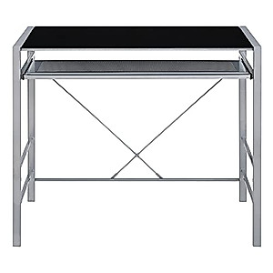 OSP Home Furnishings Zephyr Computer Desk with Keyboard Shelf and Tempered Glass Top, Black Glass and Silver Frame