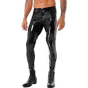 TSSOE Men Shiny Wetlook Patent Leather Skinny Pants Tight Zipper Crotch Clubwear Motor Biker Leggings Black Small
